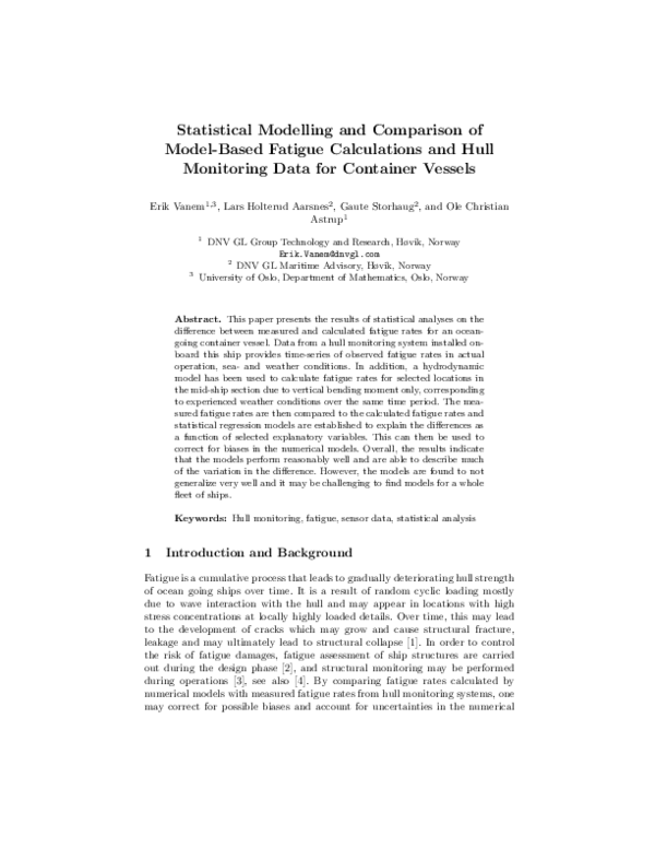 Pdf Statistical Modelling And Comparison Of Model Based Fatigue Calculations And Hull