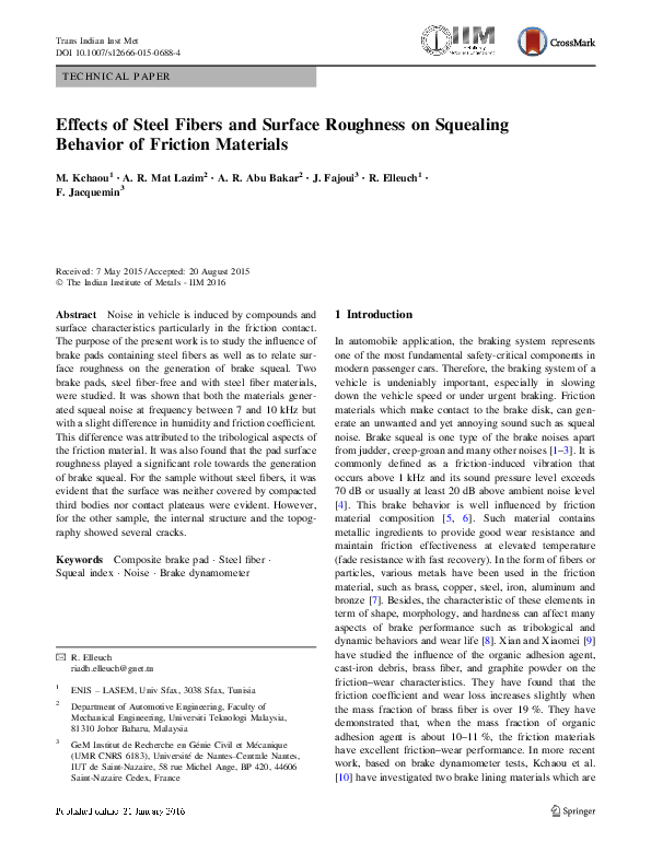 (PDF) Effects of Steel Fibers and Surface Roughness on Squealing Behavior of Friction Materials