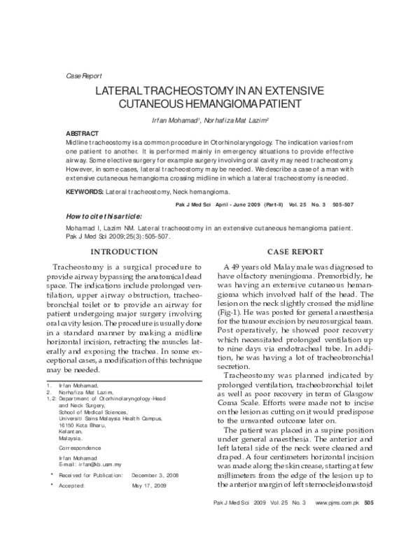 (PDF) Lateral Tracheostomy in an Extensive Cutaneous Hemangioma Patient