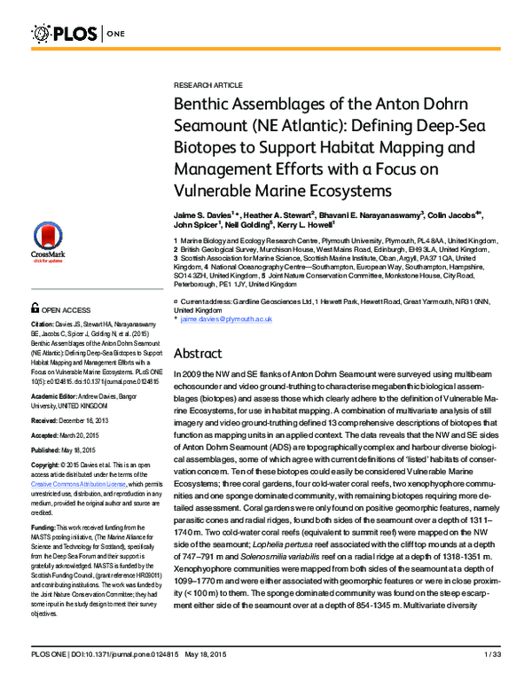 (PDF) RESEARCH ARTICLE Benthic Assemblages of the Anton Dohrn Seamount (NE Atlantic): Defining ...