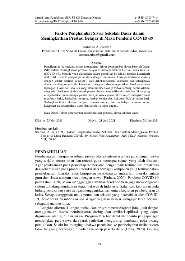 (PDF) Faktor Penghambat Siswa Sekolah Dasar dalam Meningkatkan Prestasi Belajar di Masa Pendemi ...