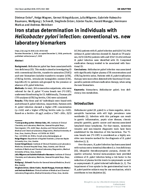 (PDF) Iron status determination in individuals with Helicobacter pylori ...