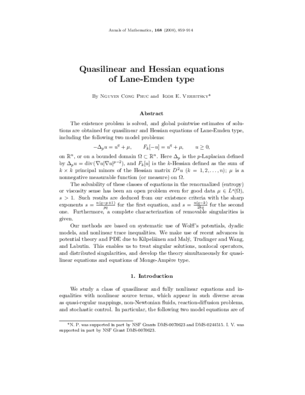 Pdf Quasilinear And Hessian Equations Of Lane Emden Type