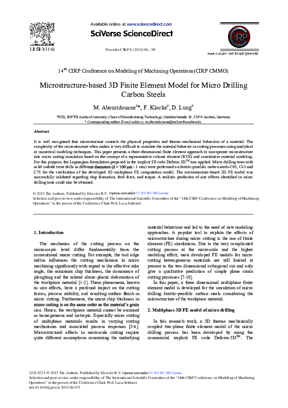 Pdf Microstructure Based 3d Finite Element Model For Micro Drilling