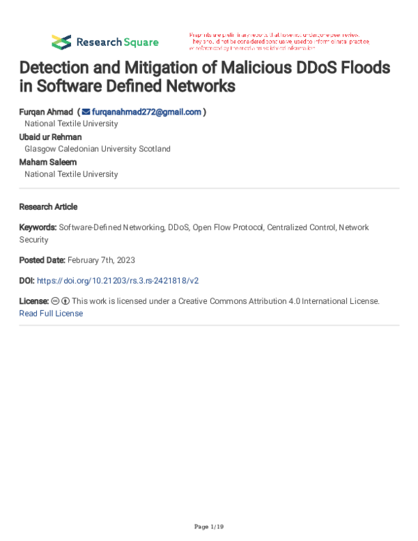 Pdf Detection And Mitigation Of Malicious Ddos Floods In Software Defined Networks