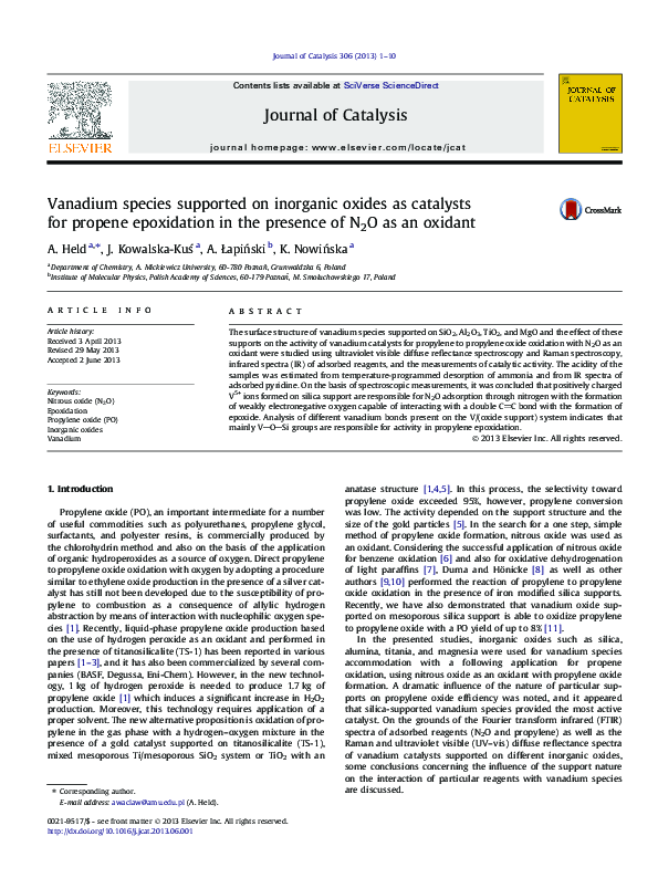 (PDF) Vanadium species supported on inorganic oxides as catalysts for propene epoxidation in the ...