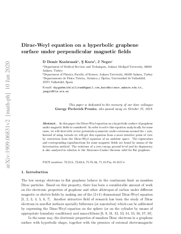 (PDF) Dirac-Weyl equation on a hyperbolic graphene surface under magnetic fields