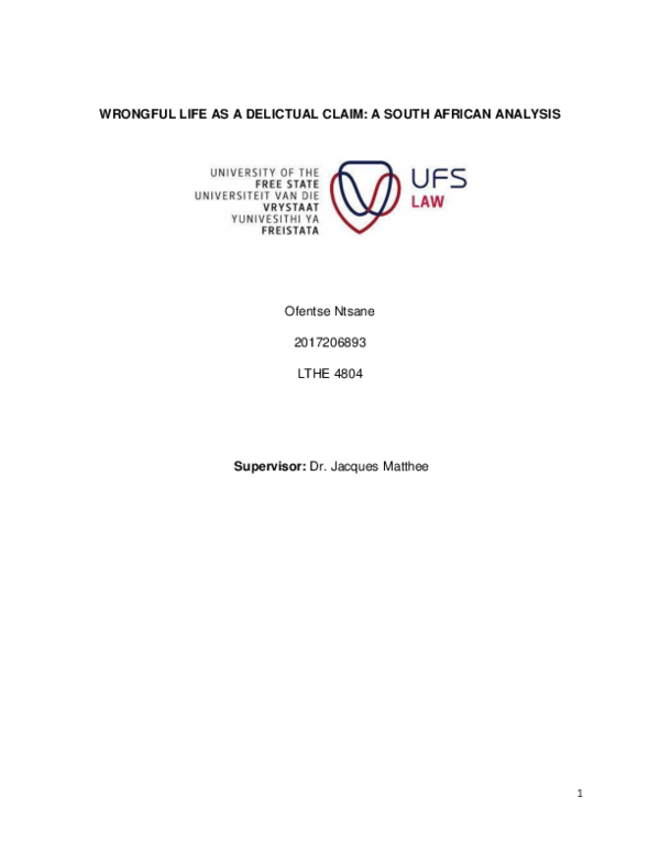 (PDF) WRONGFUL LIFE AS A DELICTUAL CLAIM: A SOUTH AFRICAN ANALYSIS