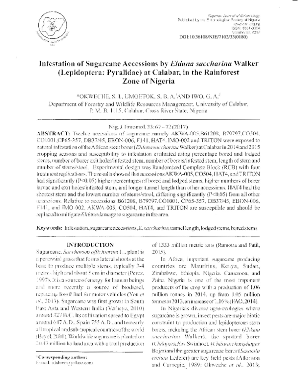 (PDF) Infestation of Sugarcane Accessions by Eldana sacch arina Walker ...