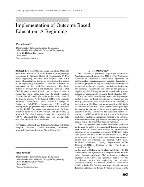 (PDF) Implementation of Outcome Based Education: A Beginning