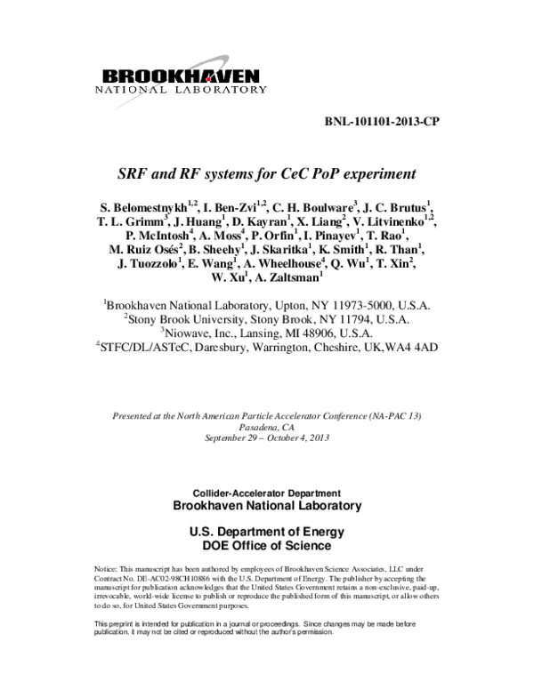 (PDF) SRF and RF Systems for CeC PoP Experiment