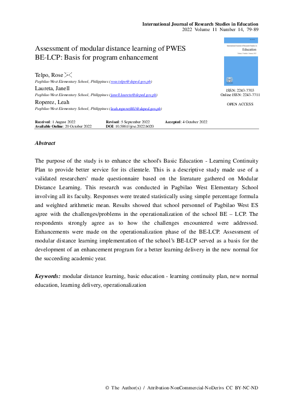 (PDF) Assessment of modular distance learning of PWES BE-LCP: Basis for ...