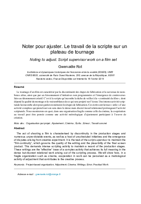 (PDF) Noter pour ajuster. Le travail de la scripte sur un plateau de ...