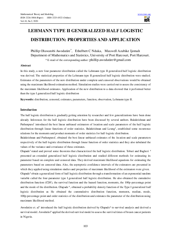 (PDF) Lehmann Type II Generalized Half Logistic Distribution: Properties and Application