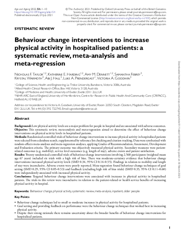 (PDF) Behaviour change interventions to increase physical activity in hospitalised patients: a ...