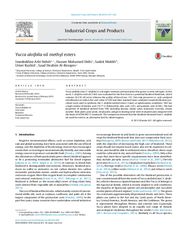 (PDF) Yucca aloifolia oil methyl esters