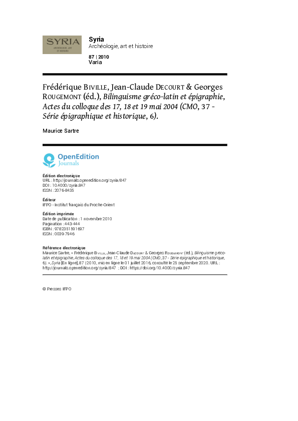 (PDF) Frédérique Biville, Jean-Claude Decourt & Georges Rougemont (éd.), Bilinguisme gréco-latin ...