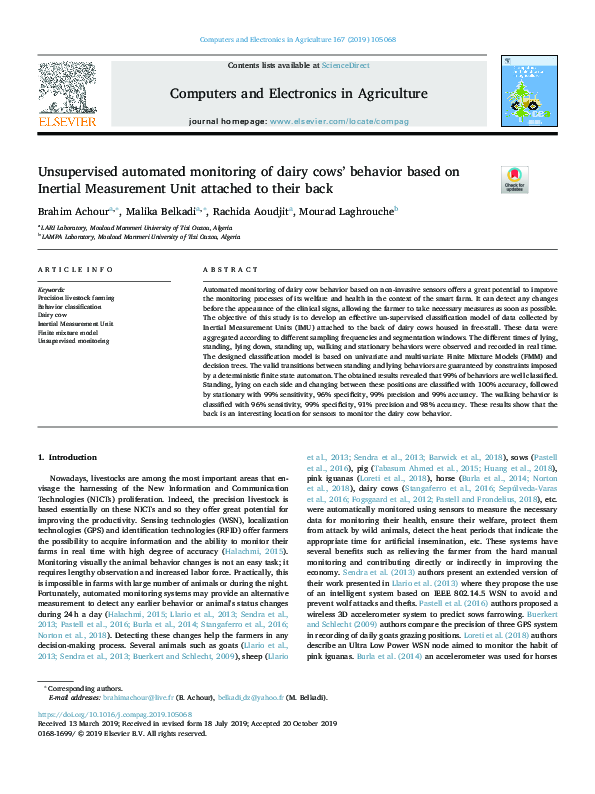 (PDF) Unsupervised automated monitoring of dairy cows’ behavior based on Inertial Measurement ...