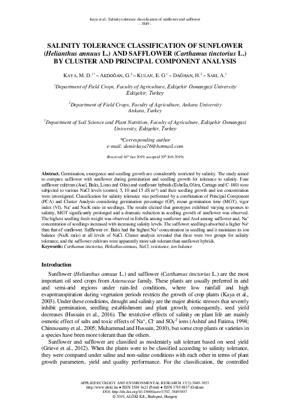 (PDF) SALINITY TOLERANCE CLASSIFICATION OF SUNFLOWER (Helianthus annuus ...