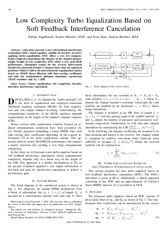 (PDF) Low complexity turbo equalization based on soft feedback interference cancelation