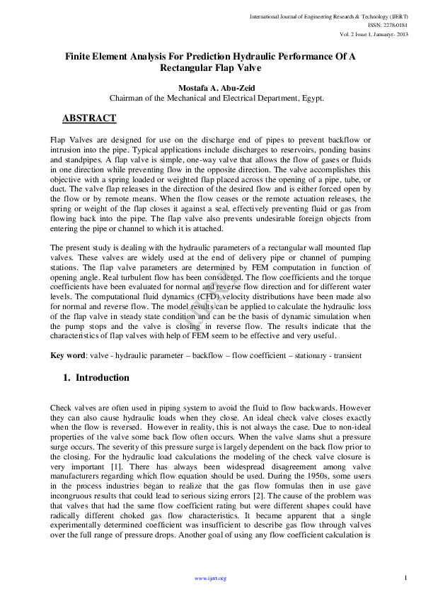 Pdf Finite Element Analysis For Prediction Hydraulic Performance Of A Rectangular Flap Valve