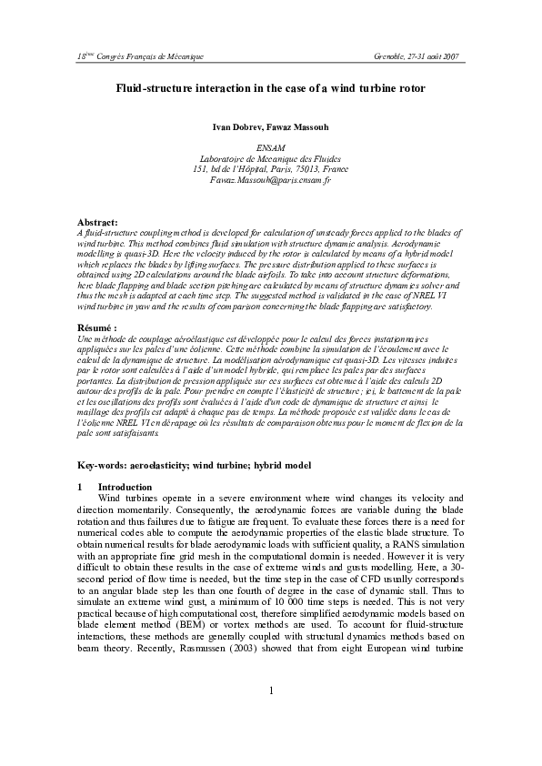 Pdf Fluid Structure Interaction In The Case Of A Wind Turbine Rotor