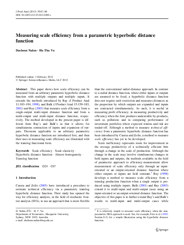 Pdf Measuring Scale Efficiency From A Parametric Hyperbolic Distance Function