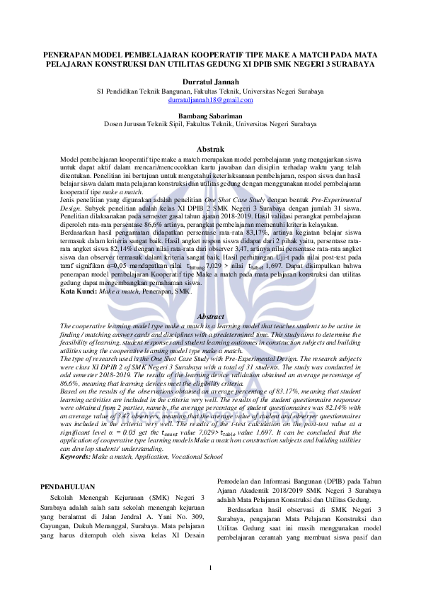 (PDF) Penerapan Model Pembelajaran Kooperatif Tipe Make a Match Pada Mata Pelajaran Konstruksi ...