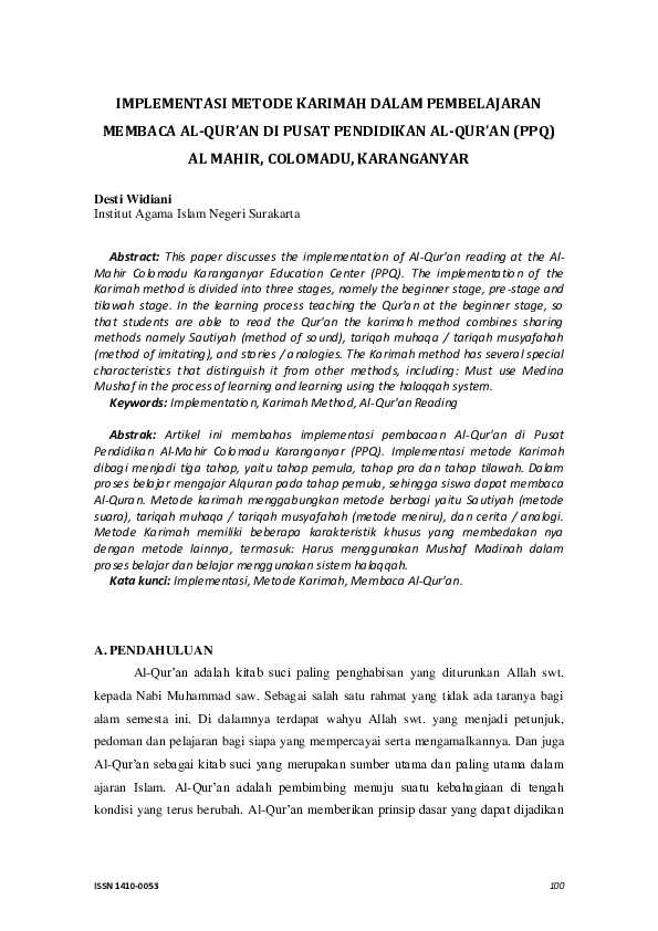 (PDF) Implementasi Metode Karimah Dalam Pembelajaran Membaca Al-Qur’An DI Pusat Pendidikan Al ...
