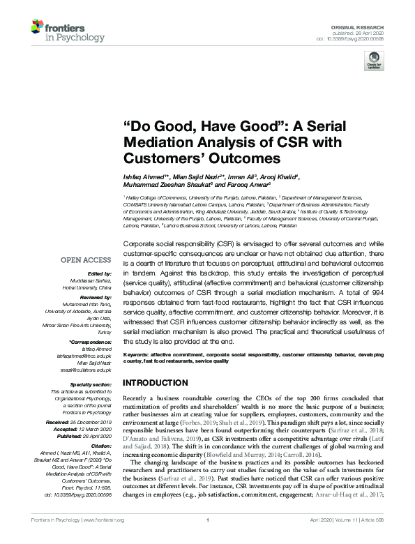 (PDF) “Do Good, Have Good”: A Serial Mediation Analysis of CSR with Customers’ Outcomes