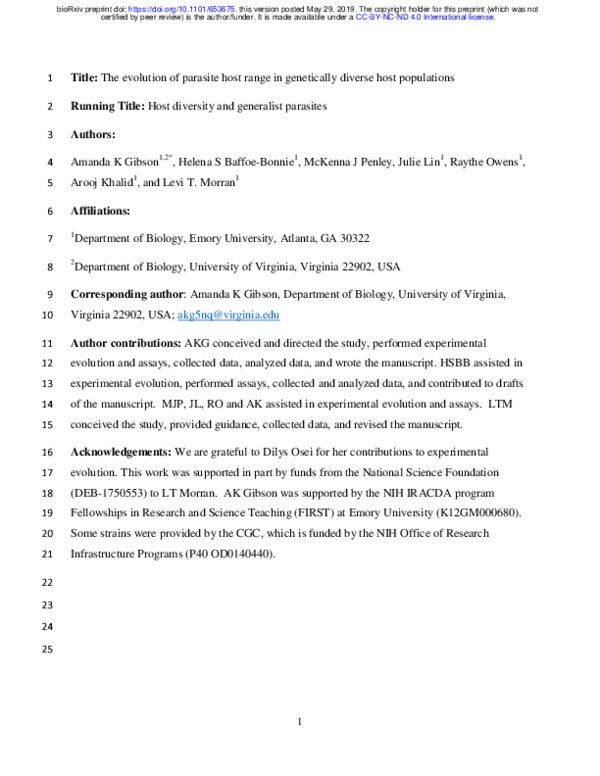(PDF) The evolution of parasite host range in genetically diverse host ...