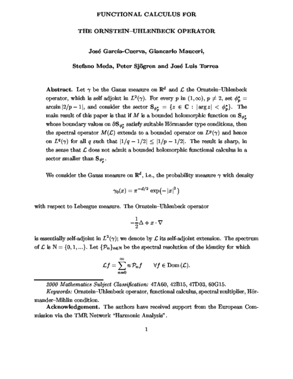 (PDF) Functional Calculus for the Ornstein–Uhlenbeck Operator