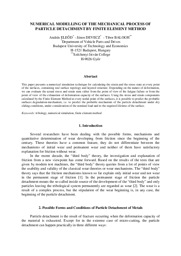 (PDF) Numerical Modelling of the Mechanical Process of Particle Detachment by Finite Element Method
