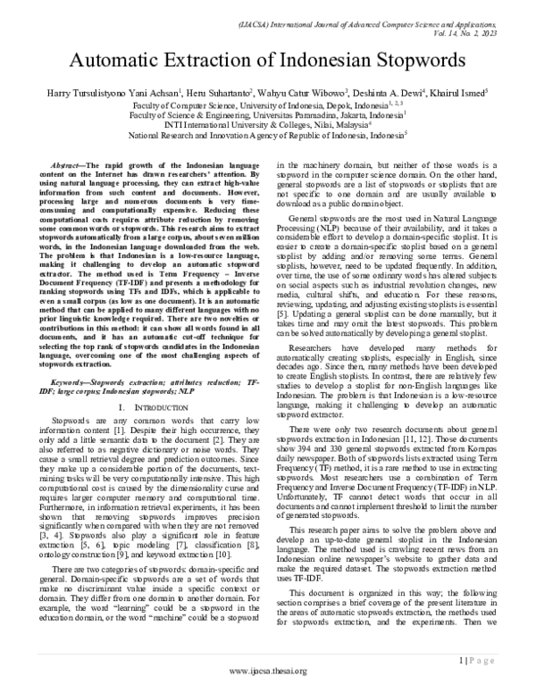 Pdf Automatic Extraction Of Indonesian Stopwords