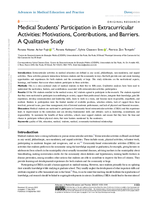 (PDF) Medical Students’ Participation in Extracurricular Activities: Motivations, Contributions ...