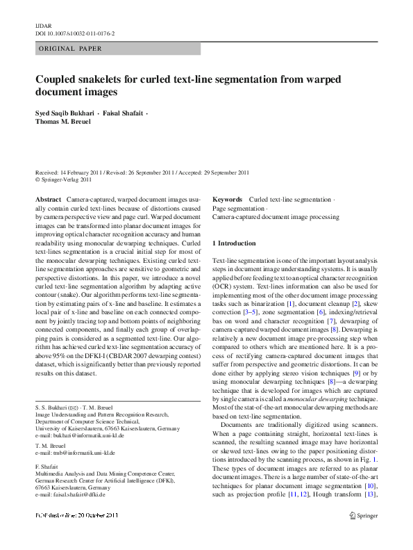 (PDF) Curled Text-Line Segmentation Using Snakelets