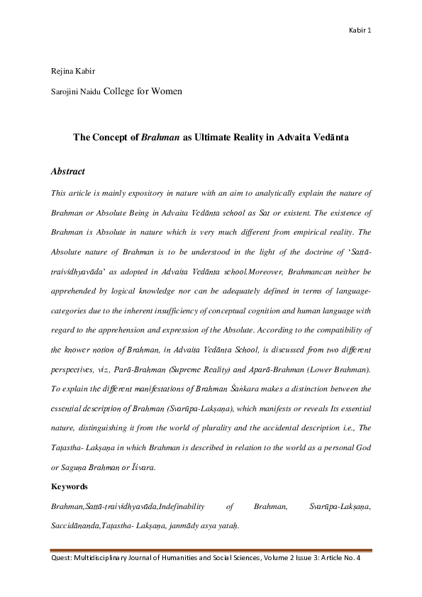 (PDF) The Concept of Brahman as Ultimate Reality in Advaita Vedānta ...