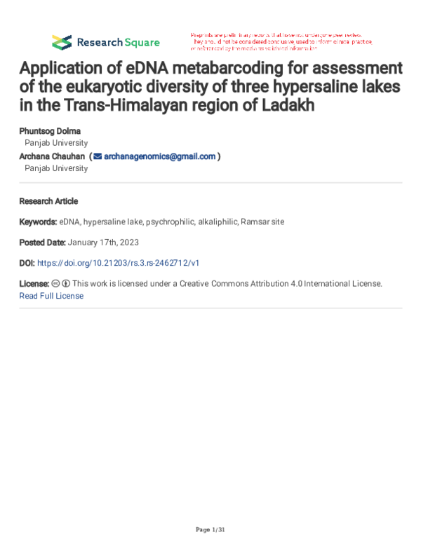 (PDF) Application of eDNA metabarcoding for assessment of the ...