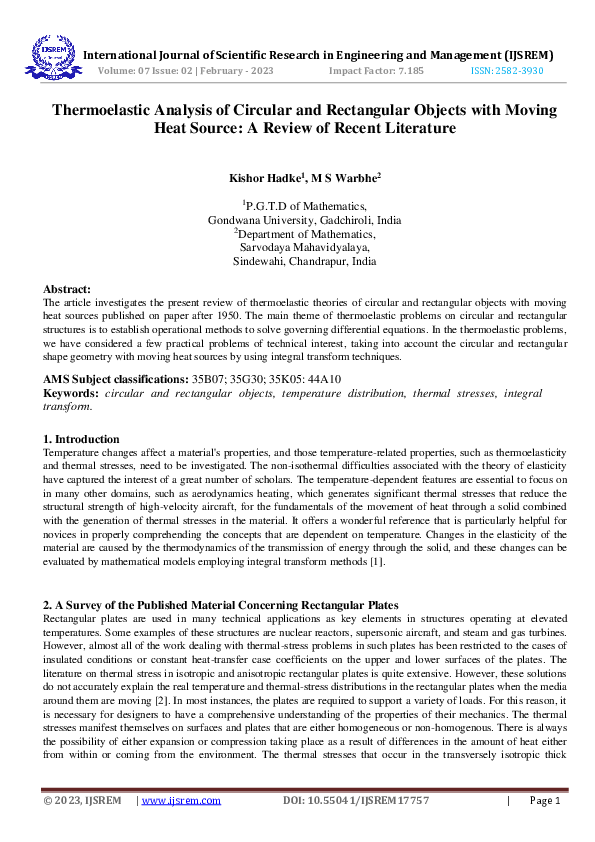 Pdf Thermoelastic Analysis Of Circular And Rectangular Objects With
