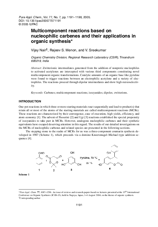 (PDF) Multicomponent reactions based on nucleophilic carbenes and their applications in organic ...