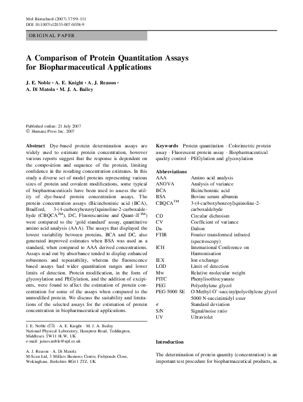 (PDF) A Comparison of Protein Quantitation Assays for Biopharmaceutical Applications