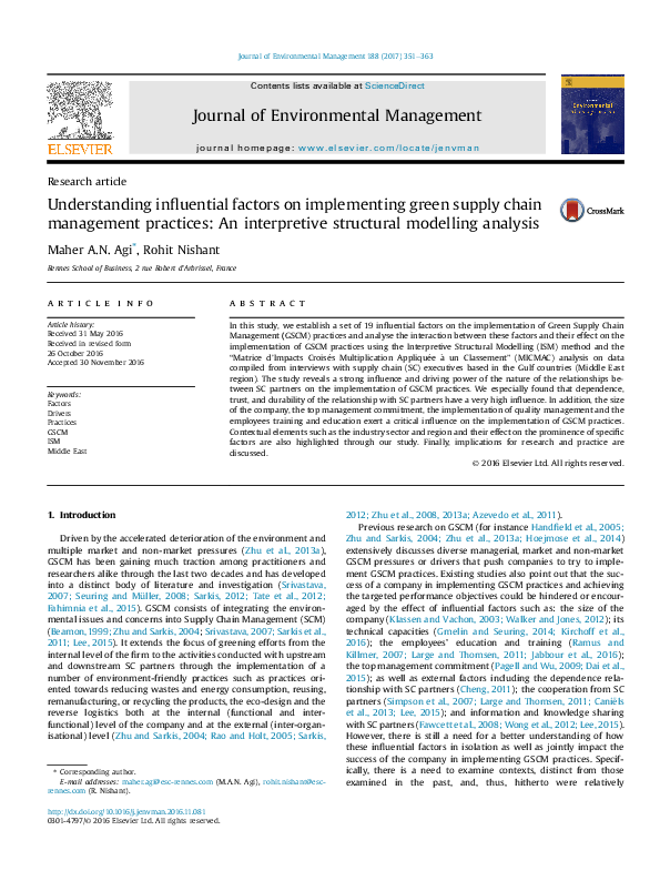 (PDF) Understanding influential factors on implementing green supply chain management practices ...