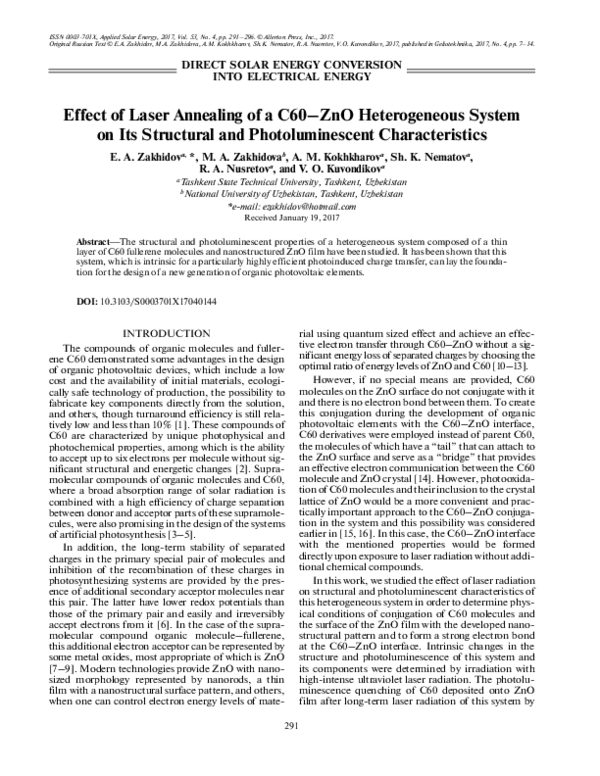 (PDF) Effect of laser annealing of a C60–ZnO heterogeneous system on ...