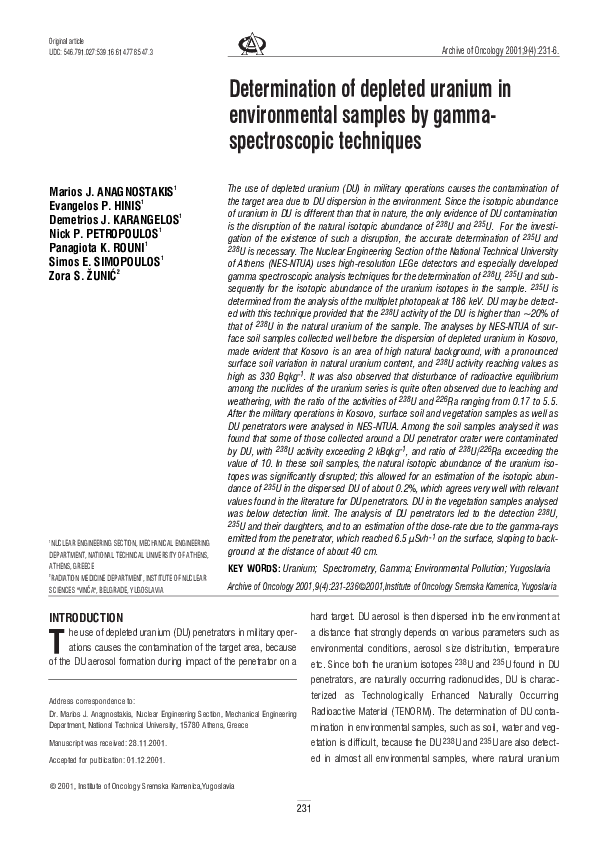 Pdf Determination Of Depleted Uranium In Environmental Samples By Gamma Spectroscopic Techniques