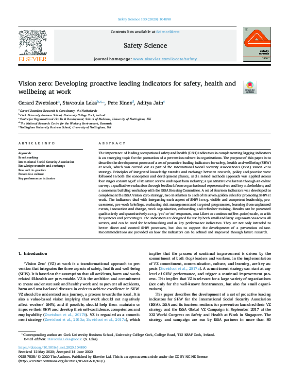 (PDF) Vision zero: Developing proactive leading indicators for safety ...