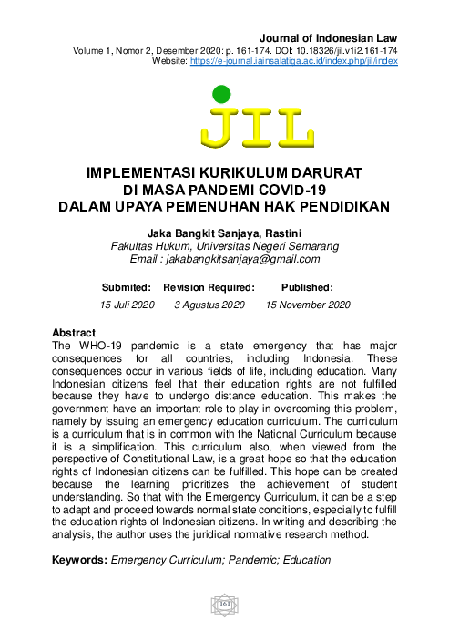 (PDF) Implementasi Kurikulum Darurat di Masa Pandemi COVID-19 Dalam Upaya Pemenuhan Hak Pendidikan