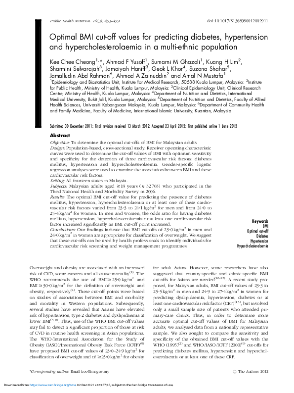 (PDF) Optimal BMI cut-off values for predicting diabetes, hypertension ...