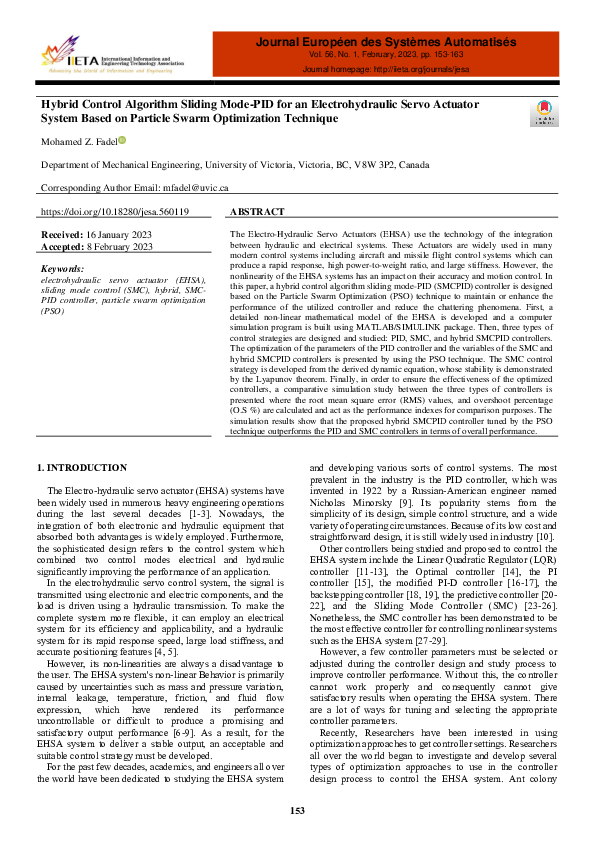 (PDF) Hybrid Control Algorithm Sliding Mode-PID for an Electrohydraulic Servo Actuator System ...