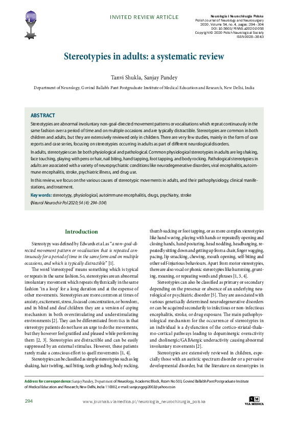 (PDF) Stereotypies in adults: a systematic review