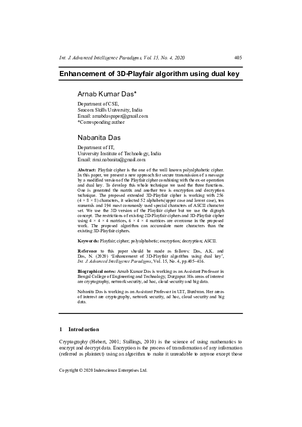 Pdf Enhancement Of 3d Playfair Algorithm Using Dual Key Arnab Kumar Das 191 11 6217